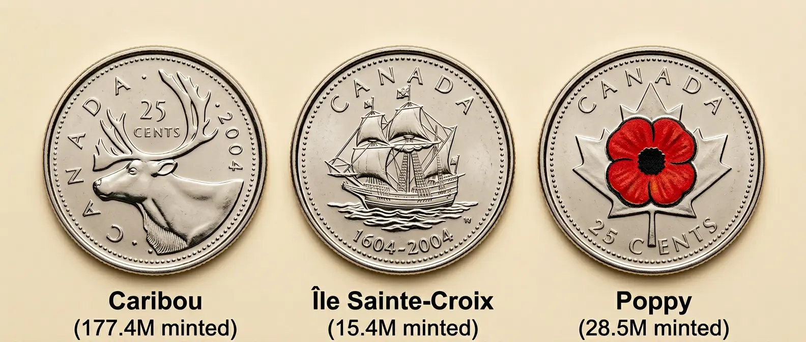 2004 Canadian Quarter Value: Caribou, Poppy & Île Sainte-Croix 25-Cent ...